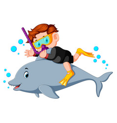 Cartoon boy playing surfboard with a dolphin anima