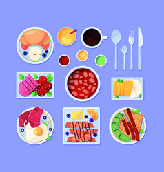 Top view breakfast set in a dish in cartoon Vector Image
