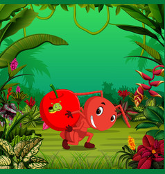 Cartoon ants holding apple and caterpillar inside Vector Image