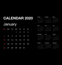 Traditional view calendar layout for 2020 year Vector Image