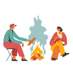 Happy family camping with campfire at night Vector Image