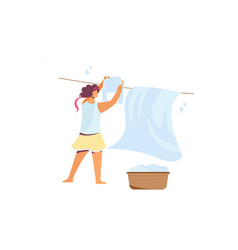 A little boy hanging laundry on backyard Vector Image