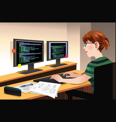 Isometric programmer coding new project sitting on