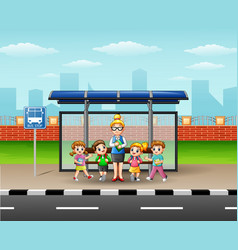 Happy school children stand Royalty Free Vector Image