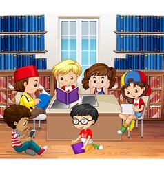 Cartoon kids studying in library Royalty Free Vector Image