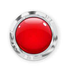 Red button with chrome frame round glass shiny 3d Vector Image