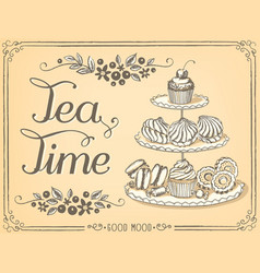 Tea time with cute cups freehand drawing sketch Vector Image