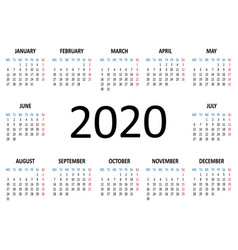 Yearly calendar 2020 week starts from monday Vector Image