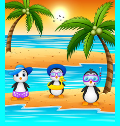 Cartoon summer penguins at beach Royalty Free Vector Image
