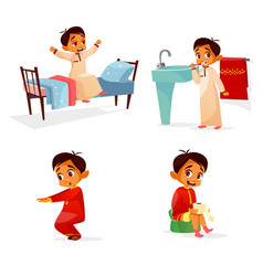 Arab boy daily morning routine activity Royalty Free Vector