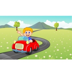 Boy cartoon in the red car Royalty Free Vector Image