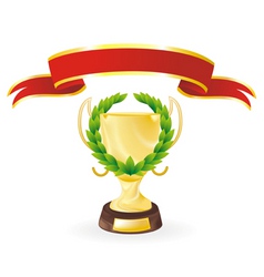 Gold trophy cup with red ribbon decoration Vector Image