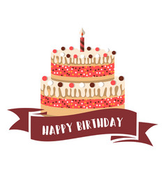 Happy birthday ribbon cake candle fire flat Vector Image