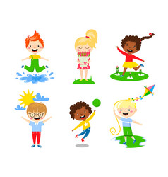 Collection of happy kids outdoor in spring season Vector Image