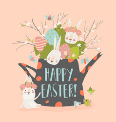 Cute cartoon bunny with easter eggs and flowers Vector Image