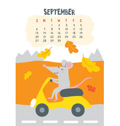 September calendar page with cute rat in travel Vector Image