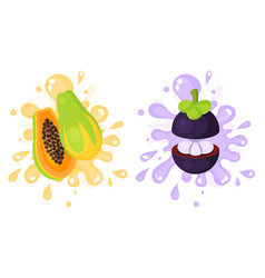 Juicy cut fruits with pulpy splashes and blots Vector Image