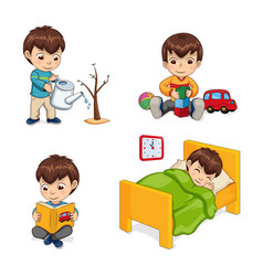 Boy does daily routine actions set Royalty Free Vector Image