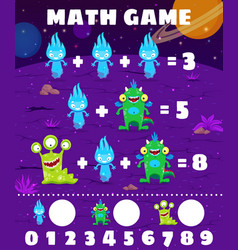 Kids math game worksheet with cartoon space planet