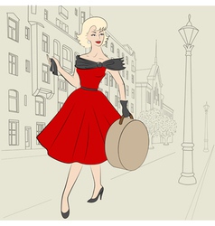 Cheerful lady in retro red dress with elegant Vector Image