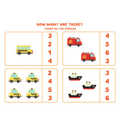 Counting game with cars math worksheet for kids Vector Image