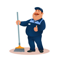 Funny cartoon janitor with mop smiling fat man Vector Image