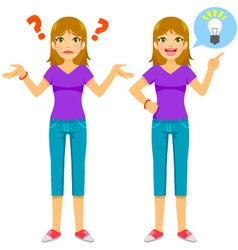 Puzzled little girl solving logical problem Vector Image