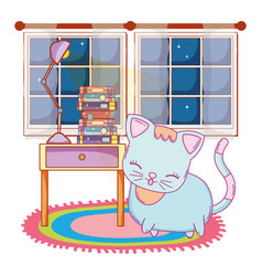 Cute cat sitting on round table cartoon Royalty Free Vector