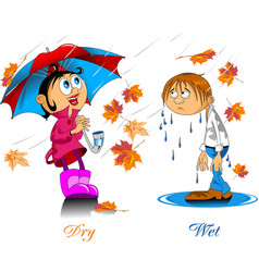 Cartoon little boy holding umbrella in the rain Vector Image