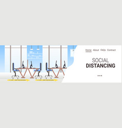 Workplace desks with signs for social distancing Vector Image