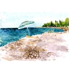 Tropical beach with parasol and palm trees Vector Image