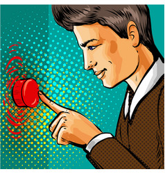 Pop art man pressing big red button Royalty Free Vector