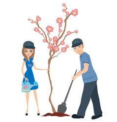 Gardening cartoons characters with plants and tree