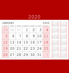 Calendar 2019 red set week starts on sunday basic Vector Image