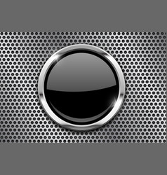 Black round glass button with chrome frame on Vector Image