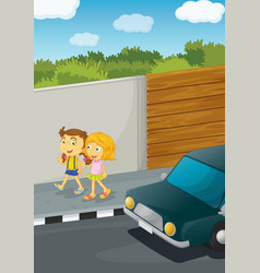 Cartoon boy walking across the crosswalk Vector Image