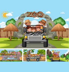 Zoo concept with driver man in jeep car isolated Vector Image