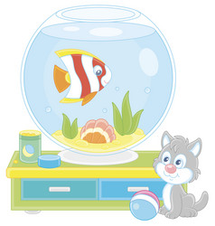 Small girl with an aquarium fish and a kitten Vector Image