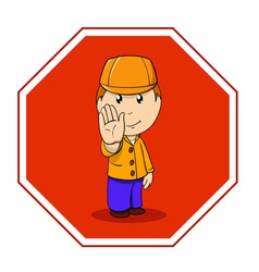 Cartoon warning sign stop with man in orange Vector Image