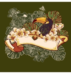 Tropical exotic floral card with toucan Royalty Free Vector