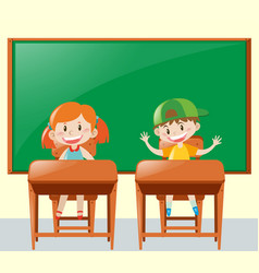 Two kids reading book in classroom Royalty Free Vector Image