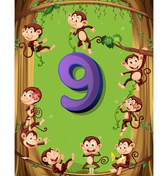 Number nine with 9 monkeys on tree Royalty Free Vector Image