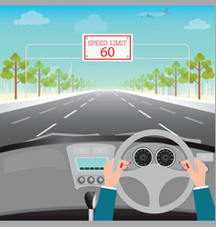 Human hands driving a car on asphalt road with Vector Image